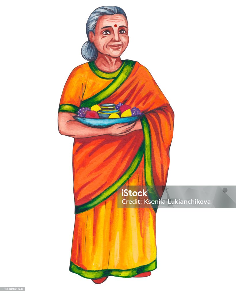 Indian Old Woman Elderly Woman With Fruit At Dish Stock Illustration