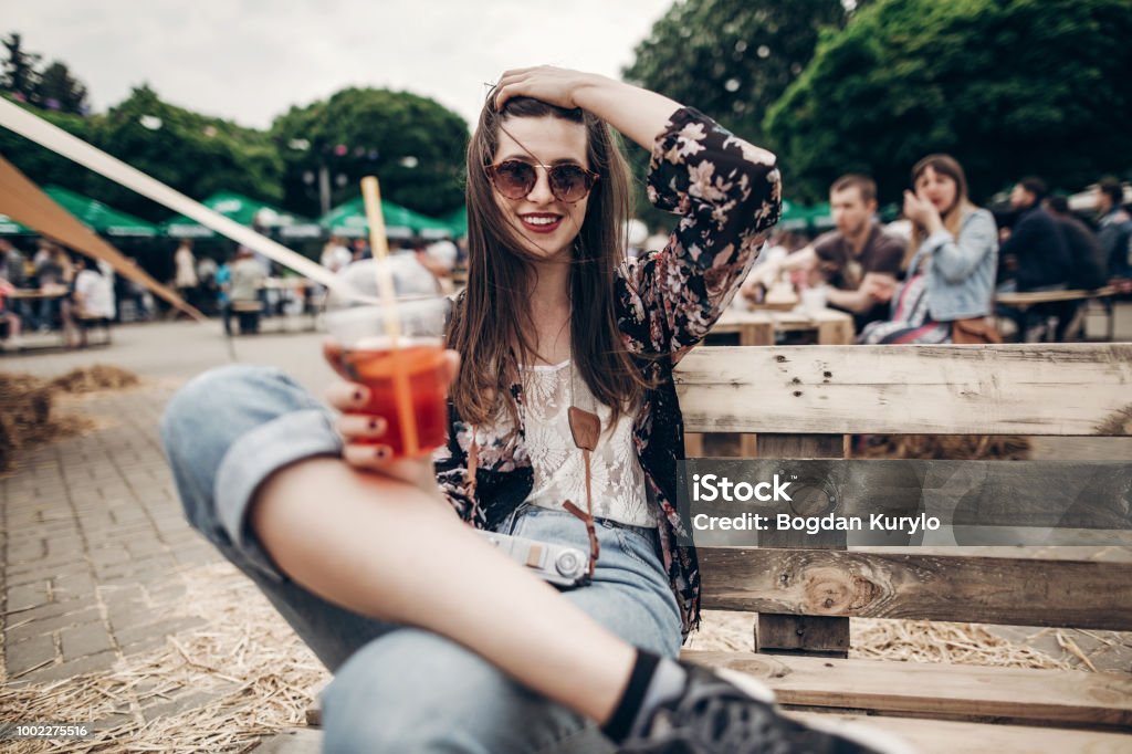 Stylish Hipster Woman In Sunglasses With Red Lips Holding Lemonade Cool
