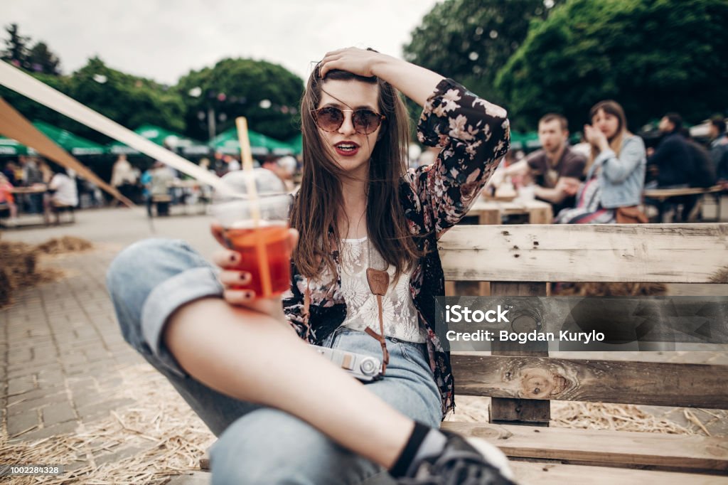Stylish Hipster Woman In Sunglasses With Red Lips Holding Lemonade Cool