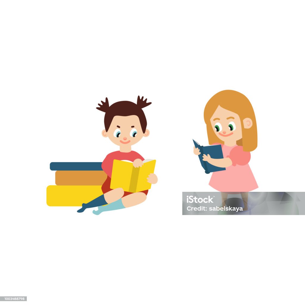 Ilustración De Chicas Planas Vector Conjunto De Libro De Lectura Y Más