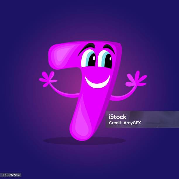Ilustrasi Vektor Digit Ungu Cerah Yang Lucu Kartun Nomor Tujuh Dengan