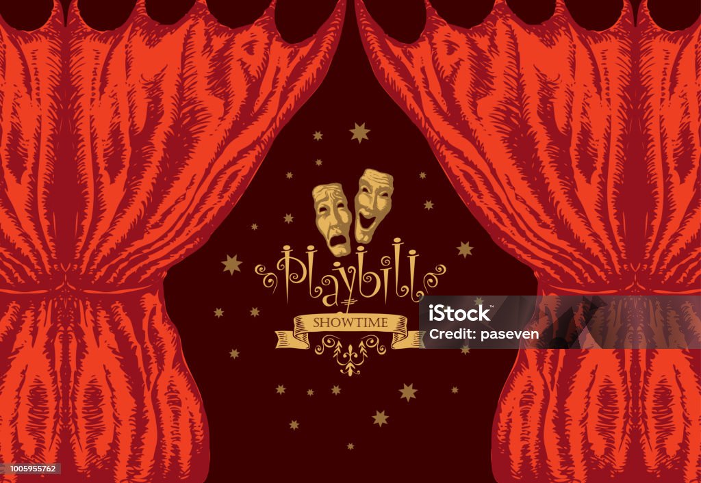 Playbill Yang Digambar Dengan Tangan Dengan Tirai Teater Dan Topeng