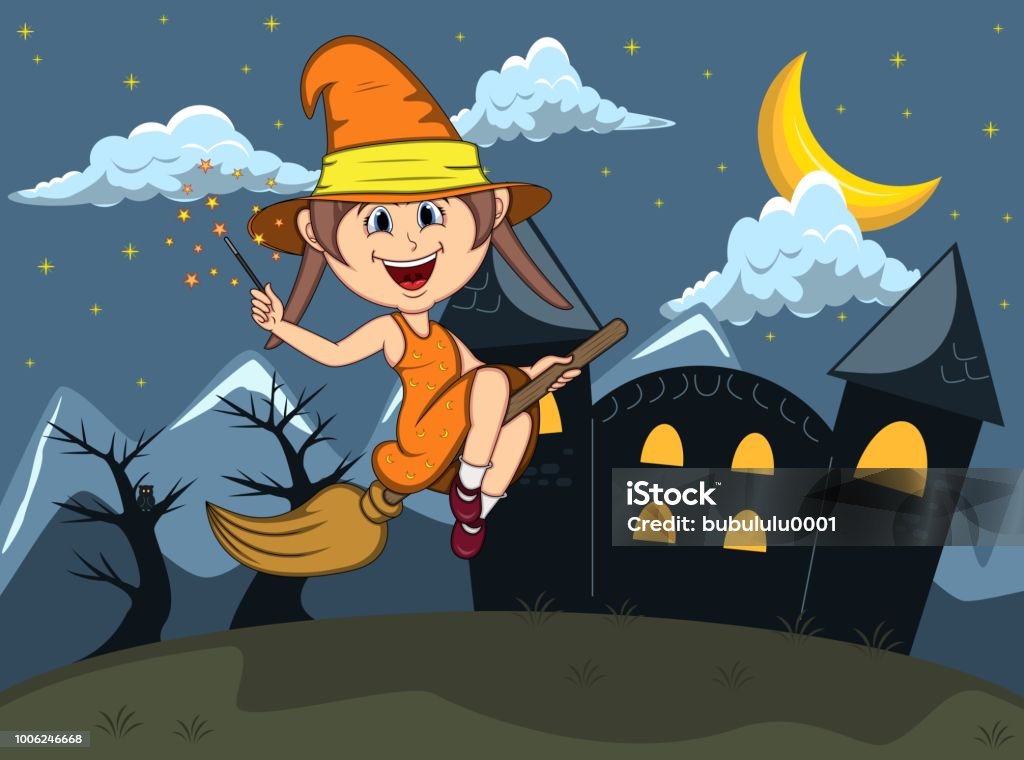 Latar Belakang Halloween Dengan Penyihir Terbang Menggunakan Kartun