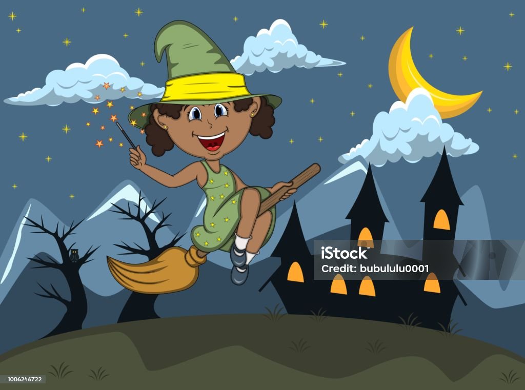 Latar Belakang Halloween Dengan Penyihir Terbang Menggunakan Kartun