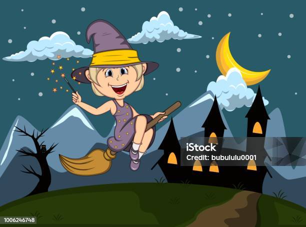 Latar Belakang Halloween Dengan Penyihir Terbang Menggunakan Kartun Sapu Tongkat Ilustrasi Stok