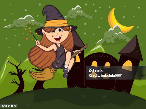 Latar Belakang Halloween Dengan Penyihir Terbang Menggunakan Kartun