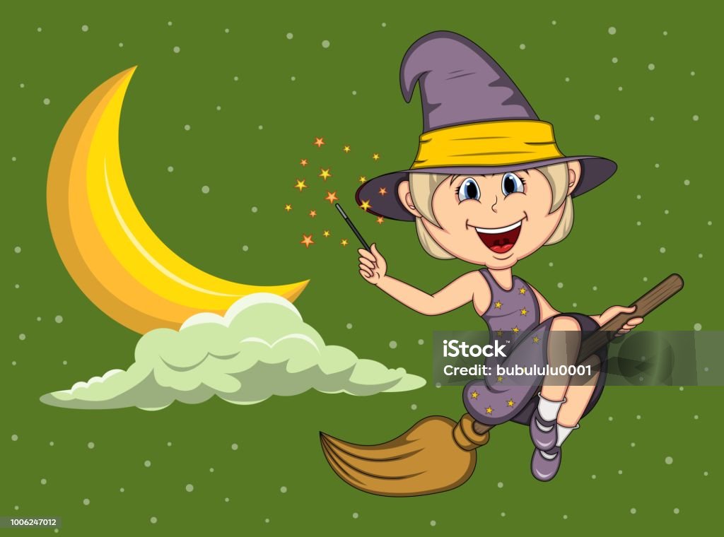 Penyihir Halloween Terbang Dengan Tongkat Sapu Di Antara Bulan Dan