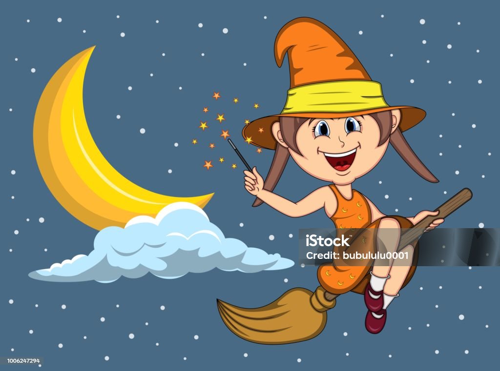 Penyihir Halloween Terbang Dengan Tongkat Sapu Di Antara Bulan Dan