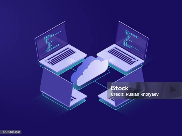 Jaringan Dengan Empat Laptop Koneksi Internet Penyimpanan Data Cloud