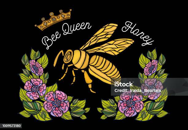 Bee Crown Flowers Embroidery Patsh Honey Bee Bumblebee Floral Leaf