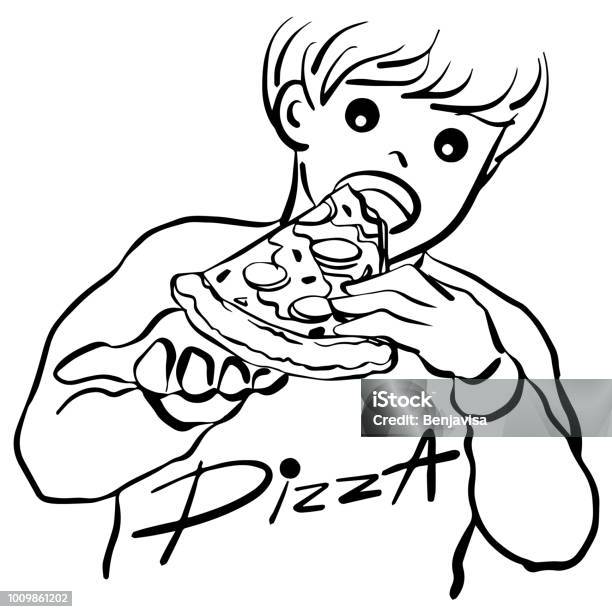 Garçon Manger La Main Dillustration Vectorielle Pizza Dessin De