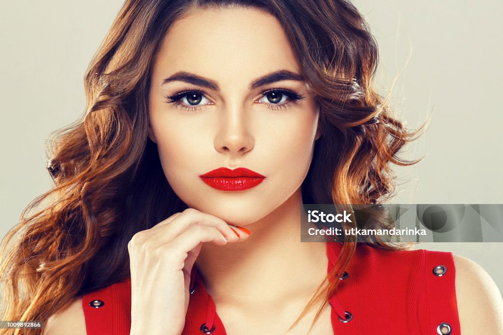 Beautiful Woman Skin Tanned Red Lips Healthy Beauty Skin Smile Stock