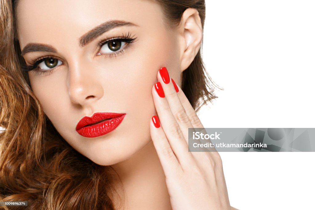 Beautiful Woman Skin Tanned Red Lips Healthy Beauty Skin Smile Stock