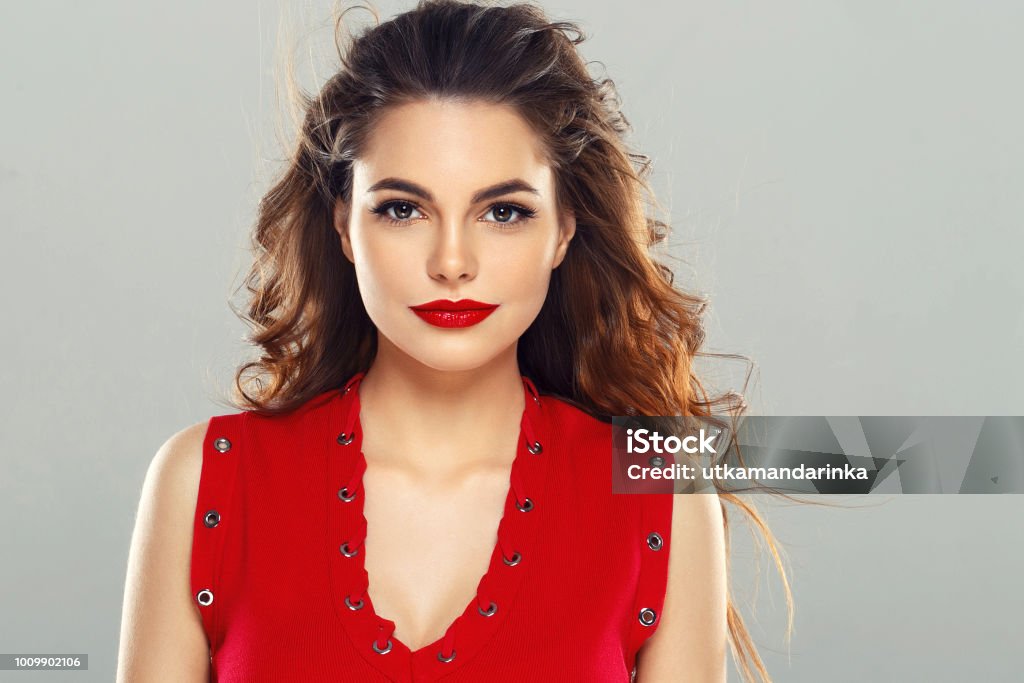 Beautiful Woman Skin Tanned Red Lips Healthy Beauty Skin Smile Stock