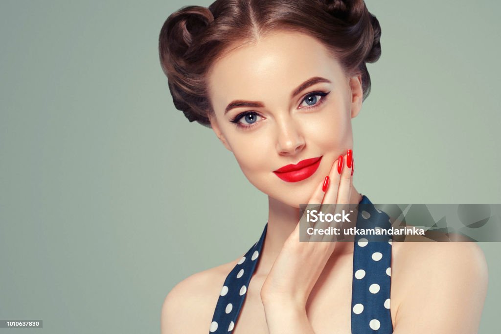 Pin Up Girl Vintage Beautiful Woman Pinup Style Portrait In Retro Dress