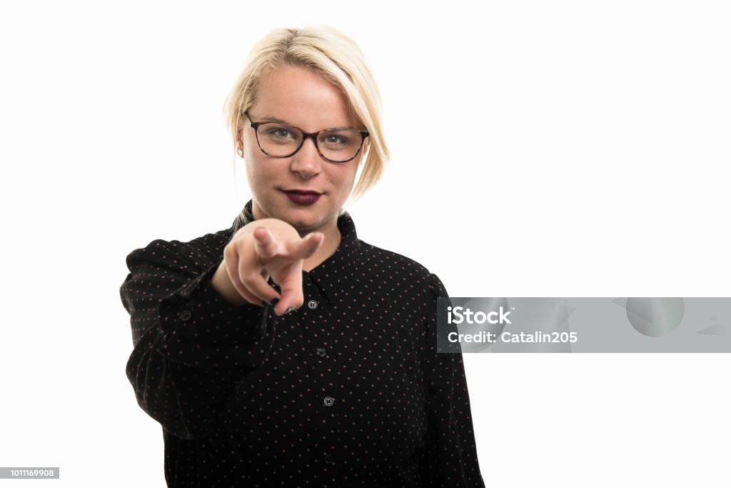 Blonde Female Teacher Wearing Glasses Showing Watching You Gesture