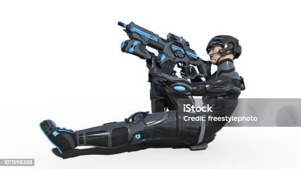 Android Female Soldier Military Cyborg Woman Armed With Rifle Laying