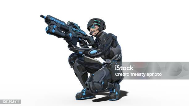 Android Female Soldier Military Cyborg Woman Armed With Rifle Shooting