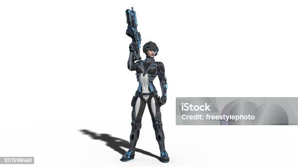 Android Female Soldier Military Cyborg Woman Armed With Rifle Standing