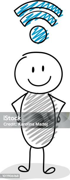 Dessin Animé Stickman Holding Icône Internet Vector Vecteurs Libres De