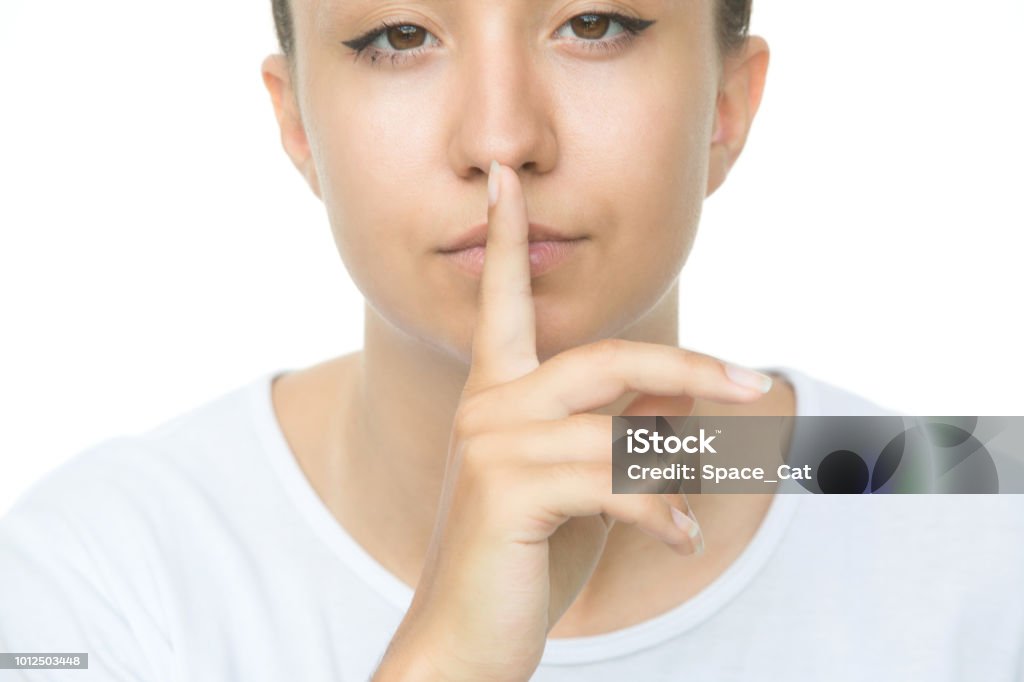 Silence Shh Gesture Secretive Young Woman Placing Finger On Lips Asking