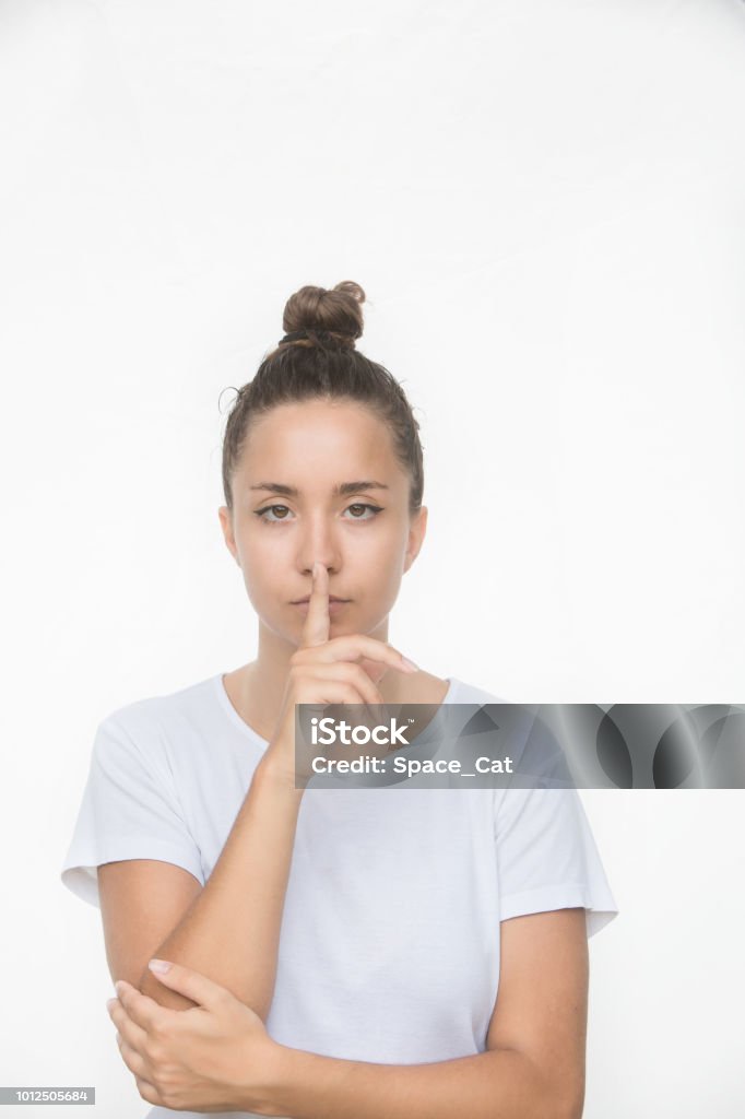 Silence Shh Gesture Secretive Young Woman Placing Finger On Lips Asking