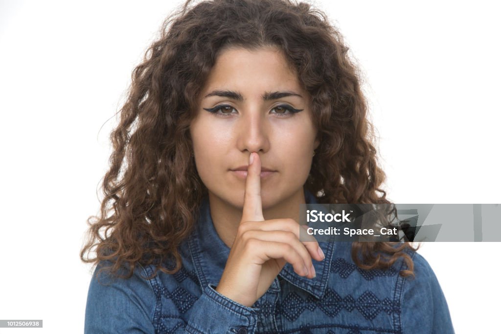Silence Shh Gesture Secretive Young Woman Placing Finger On Lips Asking