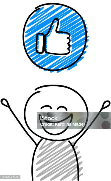Stickman Avec Les Expression Du Visage Heureux Holding Icône Pouce