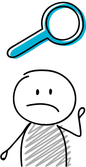 Stickman Dengan Ekspresi Wajah Sedih Memegang Ikon Kaca Pembesar Vektor