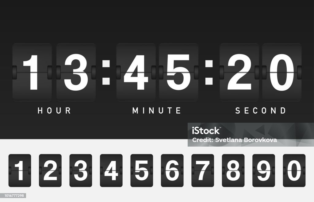 Black Flip Board Countdown Timer With White Figures In Airport Style