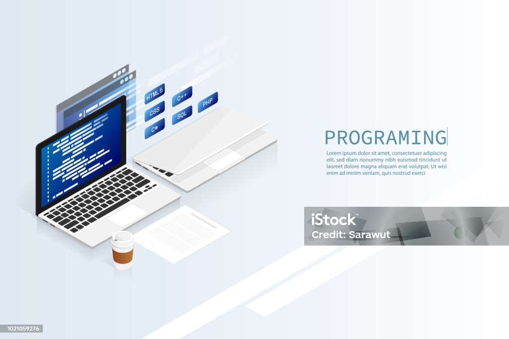 Programmer Coding Binary Computer Isometric Flat Vector Stock
