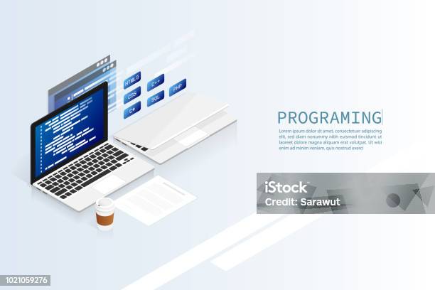 Programmer Coding Binary Computer Isometric Flat Vector Stock Illustration Download Image Now
