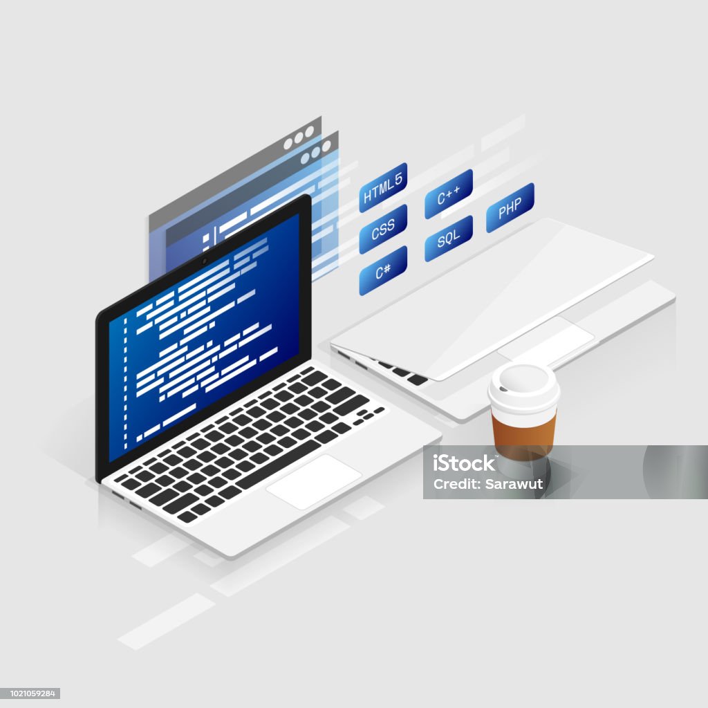 Programmer Coding Binary Computer Isometric Flat Vector Stock