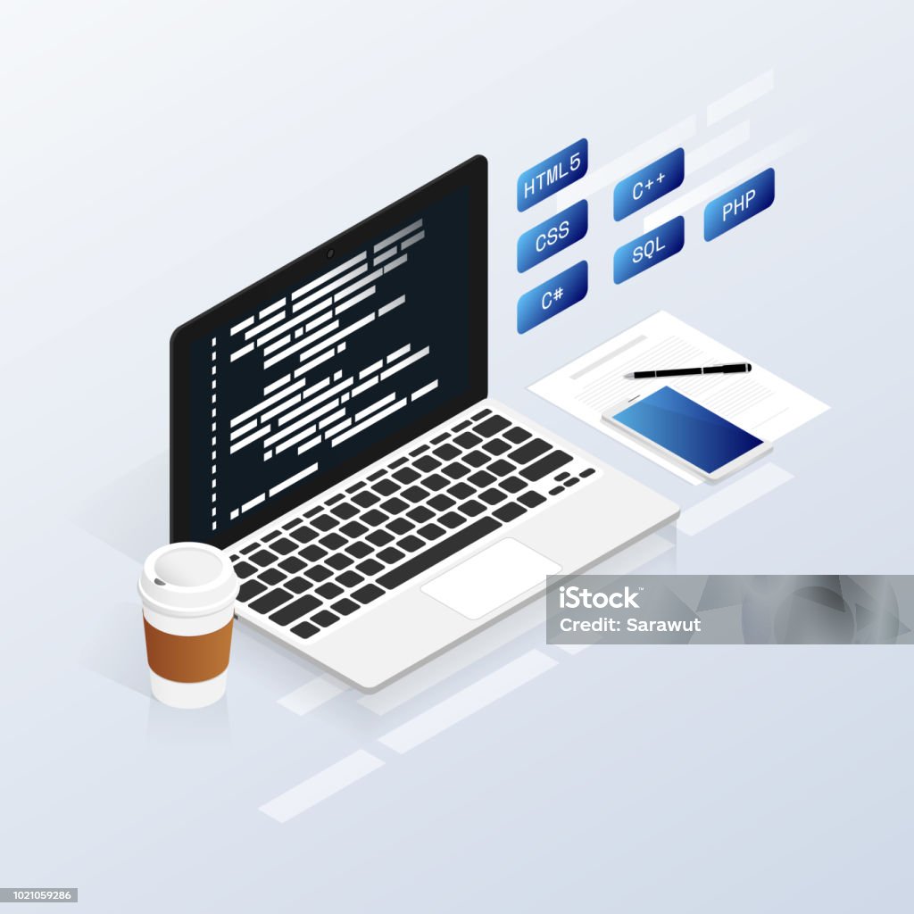 Programmer Coding Binary Computer Isometric Flat Vector Stock