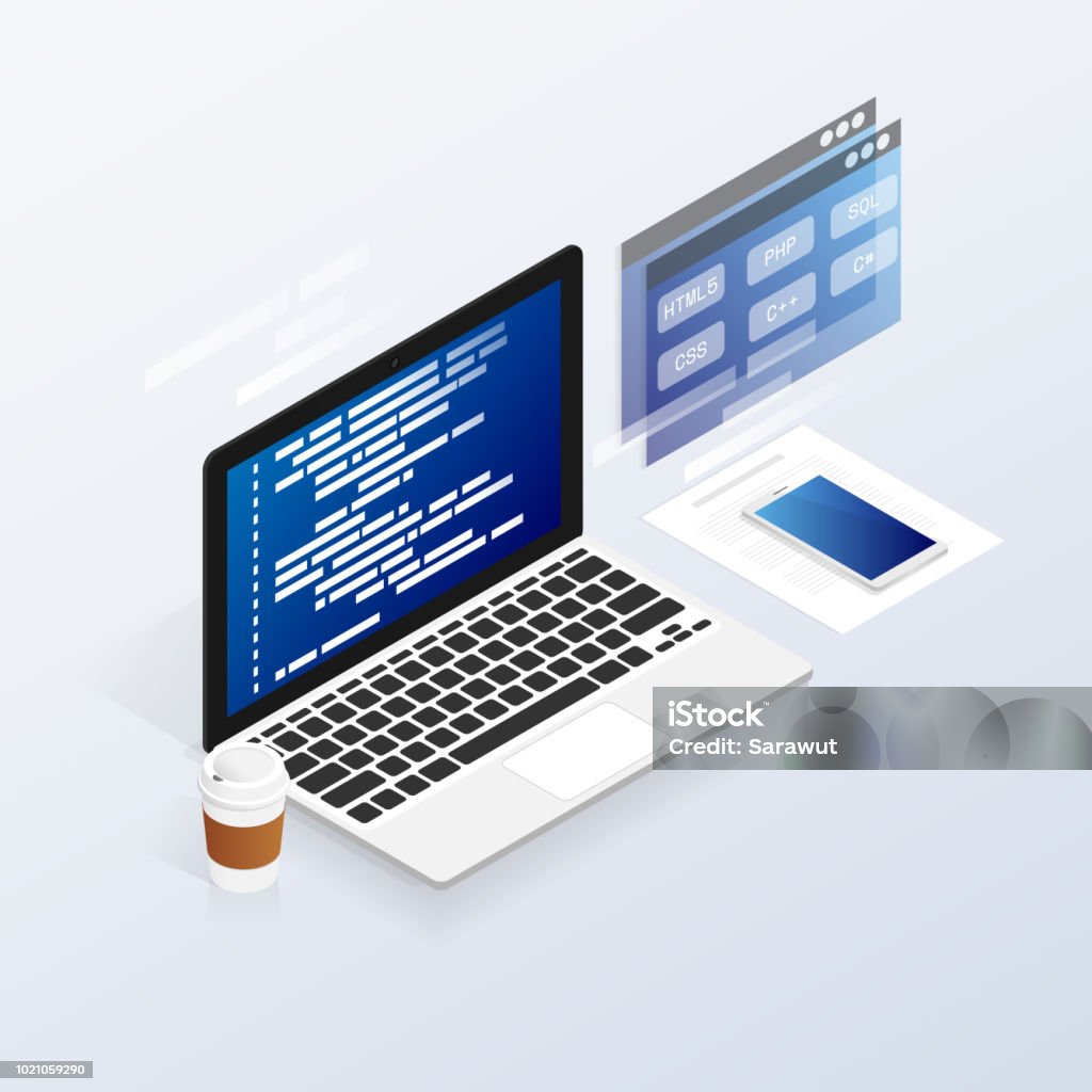 Programmer Coding Binary Computer Isometric Flat Vector Stock
