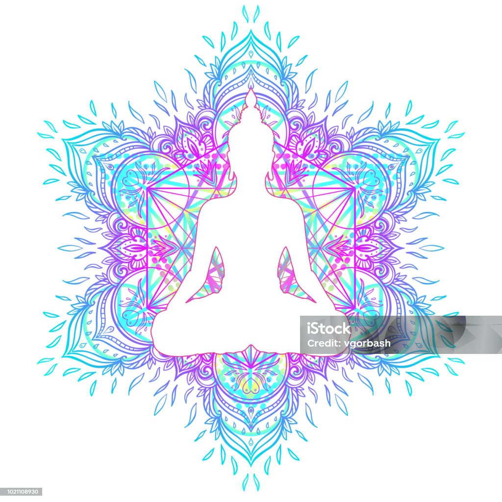 Siluet Buddha Dalam Posisi Teratai Di Atas Mandala Hias Berwarnawarni ... Siluet Buddha Dalam Posisi Teratai Di Atas Mandala Hias Berwarnawarni ...