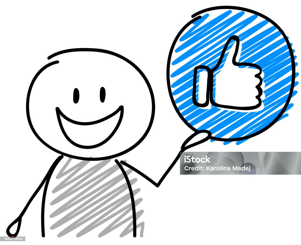 Stickman Avec Les Expression Du Visage Heureux Holding Icône Pouce