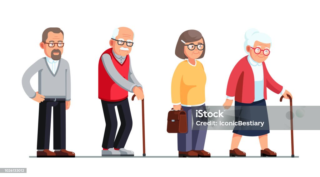 Senior Women And Men Standing And Strolling With Walking Cane Elderly