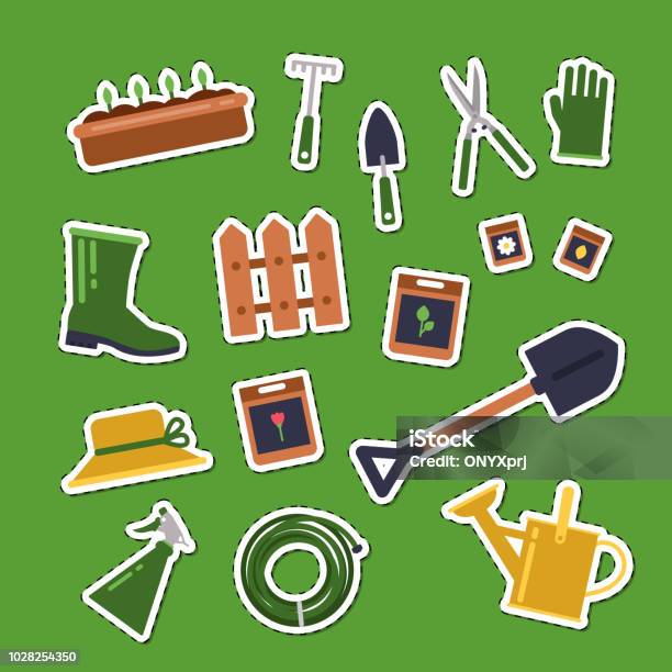 Vektor Flache Gartenarbeit Symbole Aufkleber Set Abbildung Stock Vektor ... Vektor Flache Gartenarbeit Symbole Aufkleber Set Abbildung Stock Vektor ...