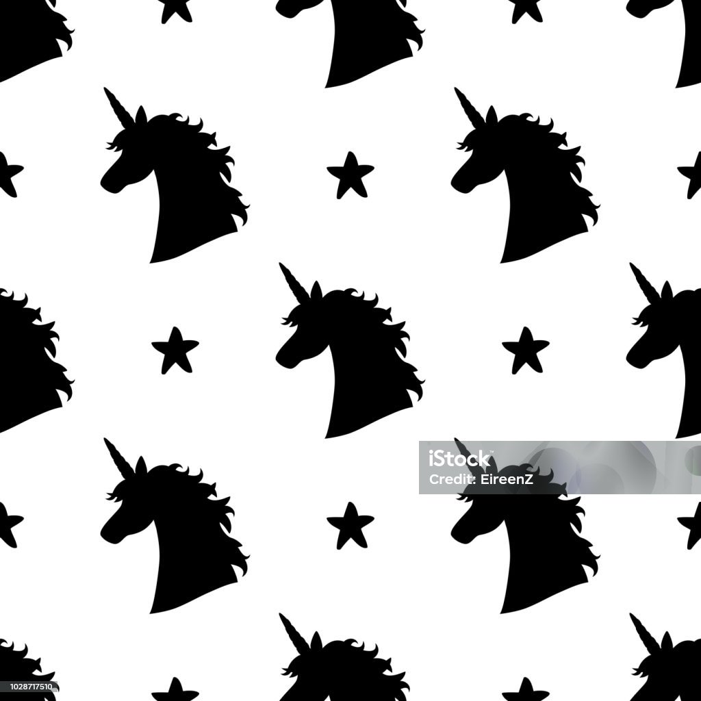 Vector Seamless Pattern With Magical Unicorn Head Silhouettes And Stars