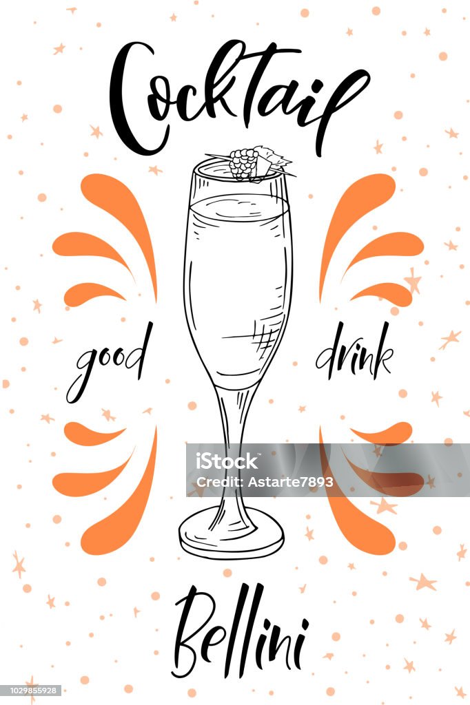 Bellini Cocktail Hand Drawn Drink On White Background Vector