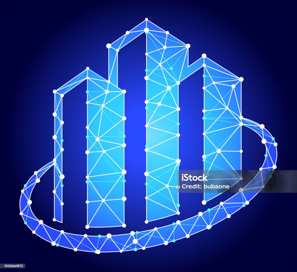 Cityscape Buildings Blue Triangle Node Vector Pattern Stock