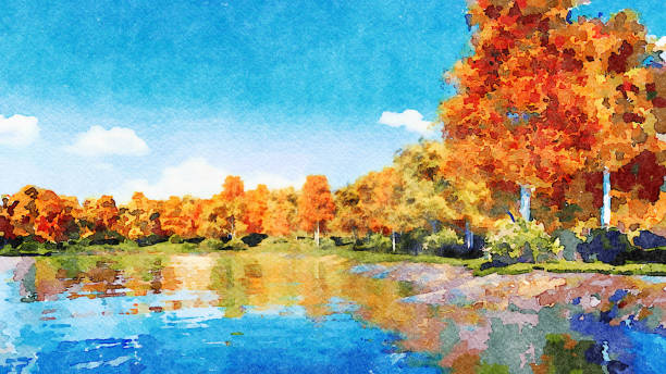 Free picture: Riverside watercolor landscape of trees