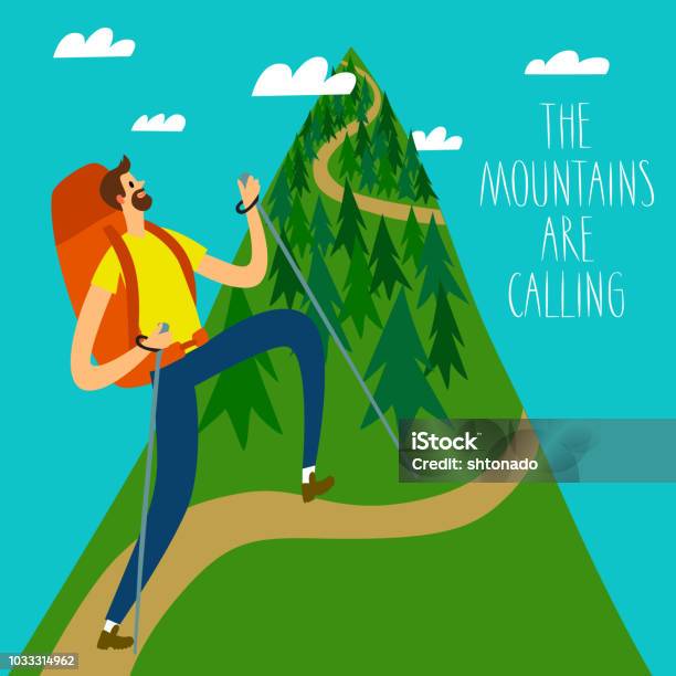 Pelancong Dengan Ransel Besar Mendaki Gunung Ilustrasi Stok Unduh