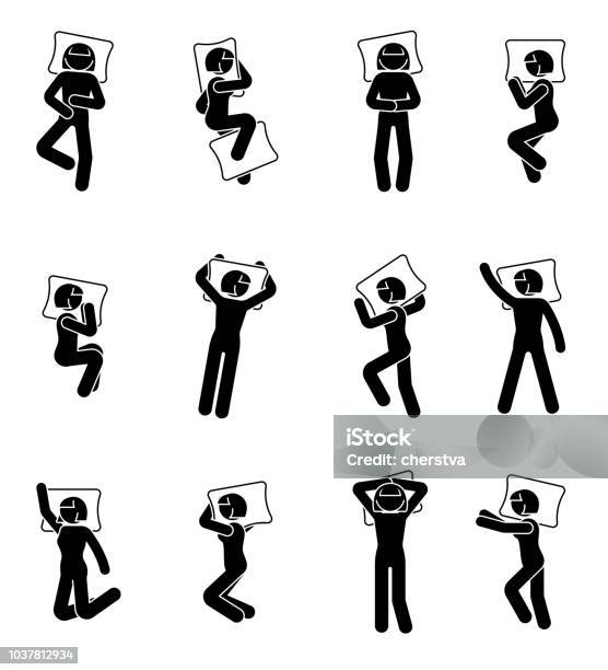 Stick Figure Woman Sleeping Icon Set Deferent Positions Single Female In Bed Pictogram Stock