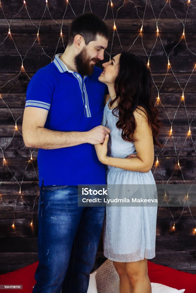 Happy Couple Hug Look Each Other Touch Nose Wood Brown Background With