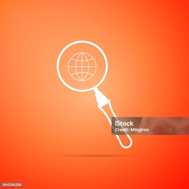 Vergrootglas Met Wereldbol Icoon Geïsoleerd Op Een Oranje Achtergrond