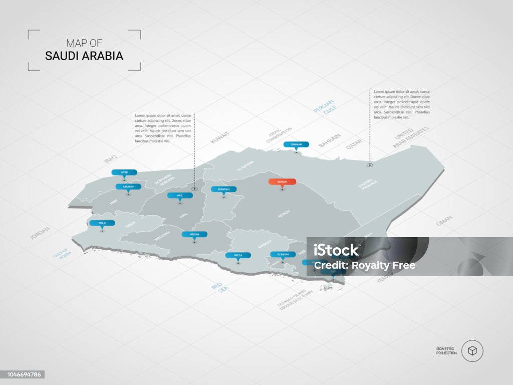 Stock Ilustrace Mapa Izometrické Saúdské Arábie S Názvy Měst A