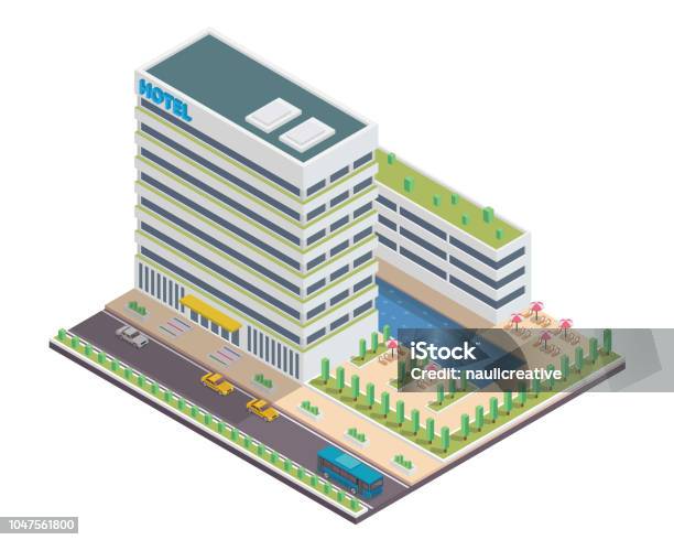 Ilustrasi Bangunan Hotel Isometrik Modern Dengan Latar Belakang Putih