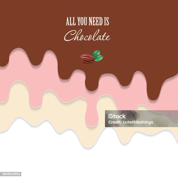 Melted Flowing Chocolate Strawberry Vanilla Background 3d Paper Cut Out